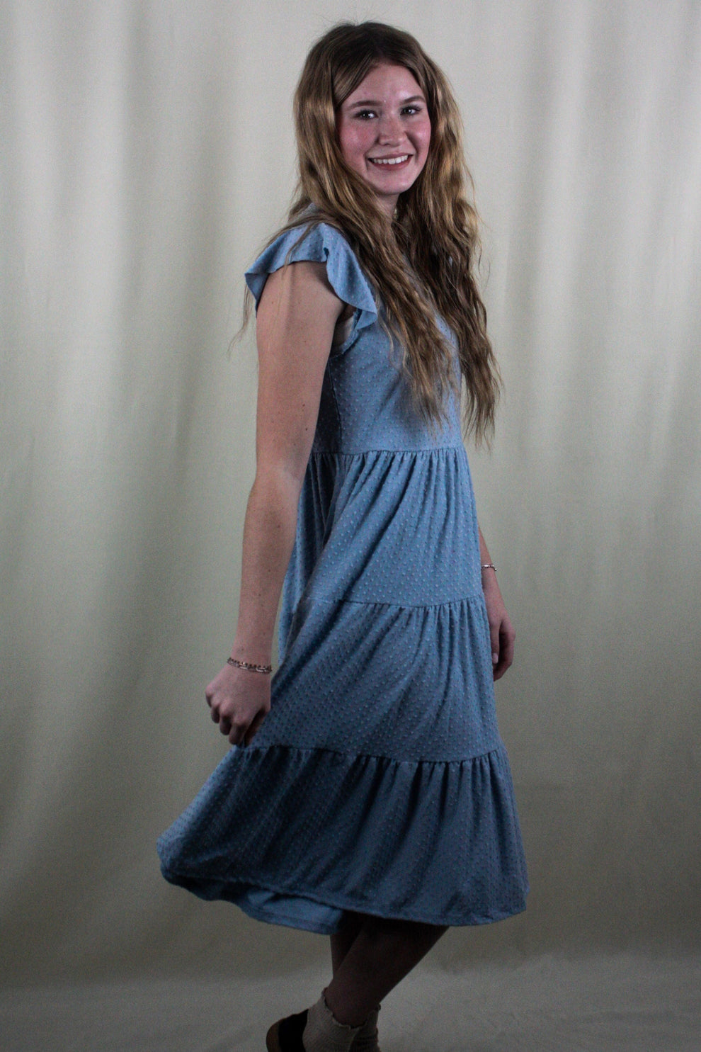 Swiss Dot Ruffle Cap Sleeve Tiered Dress - Light Blue | The Celestial Grove